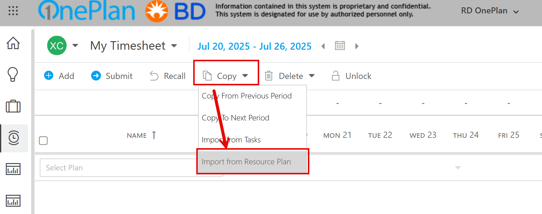OnePlan Timesheet Best Practice: Use "Import from Resource Plan" Weekly ...